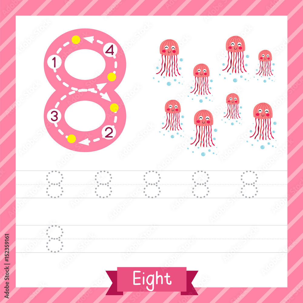 Number eight tracing practice worksheet with 8 jellyfish for kids ...