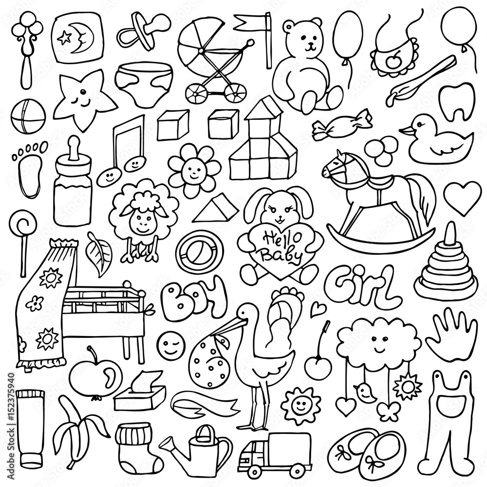 Doodle Baby Objects Stock Vector | Adobe Stock