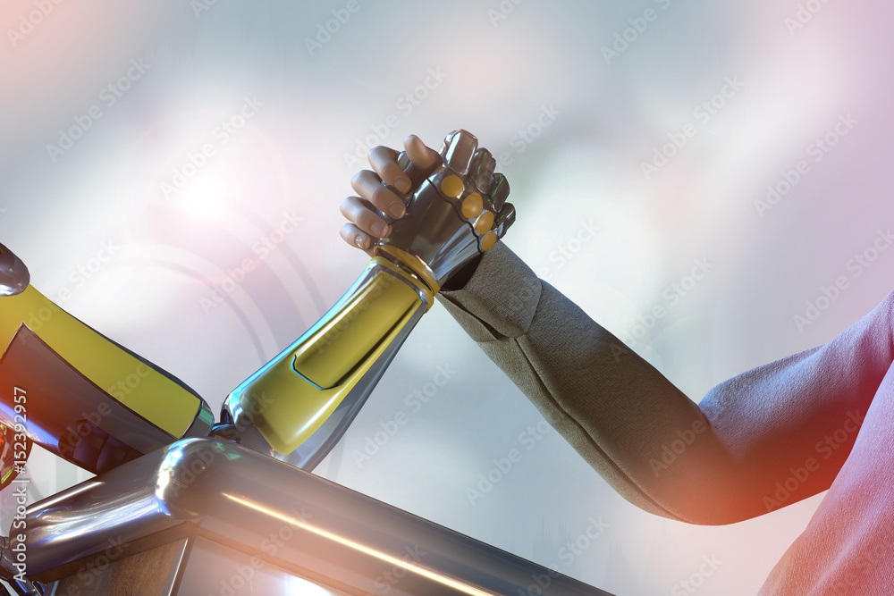 3D Illustration of a man fights with a robot Android cyborg on the arm ...