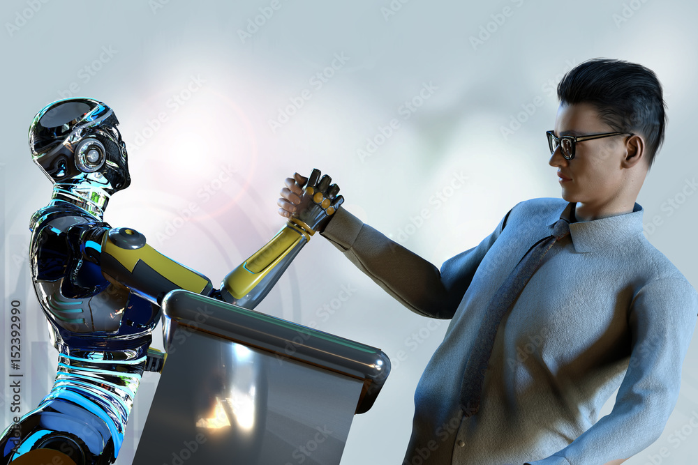 3D Illustration of a man fights with a robot Android cyborg on the arm ...