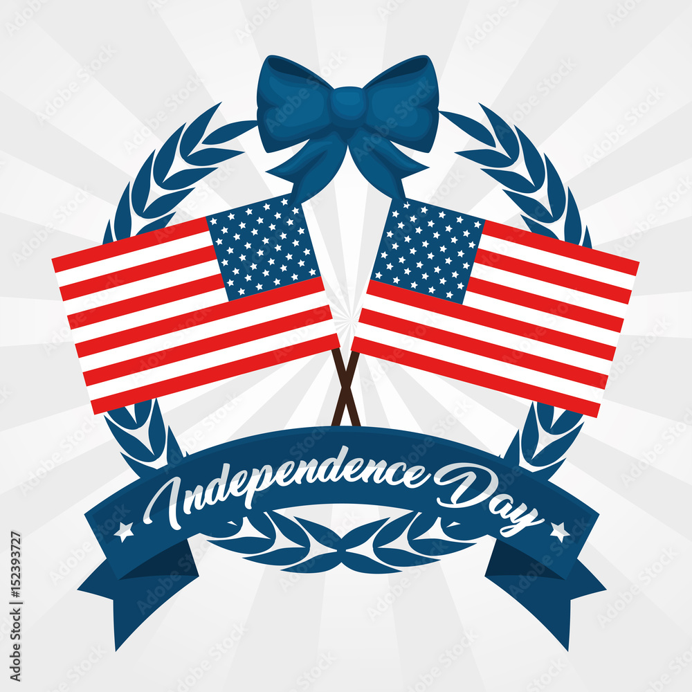 American flags with laurel wreath, ribbon and bow over white background ...