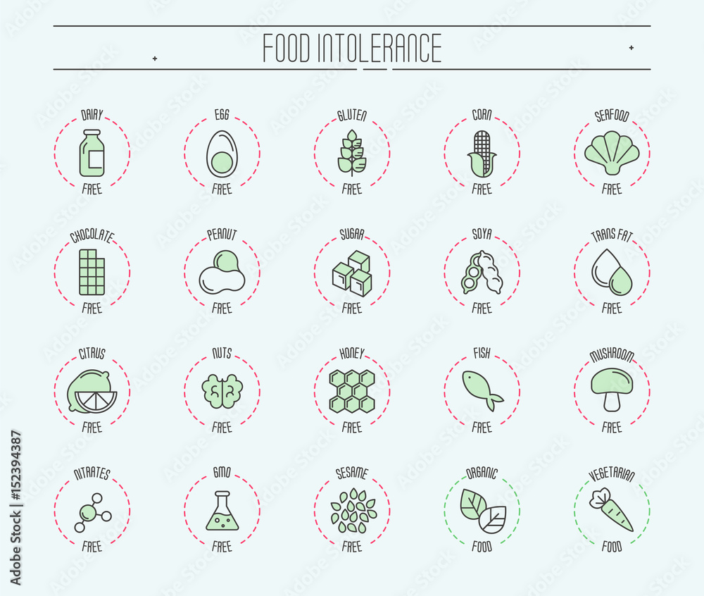 Set of ingredient warning label icons. Food intolerance. Common ...