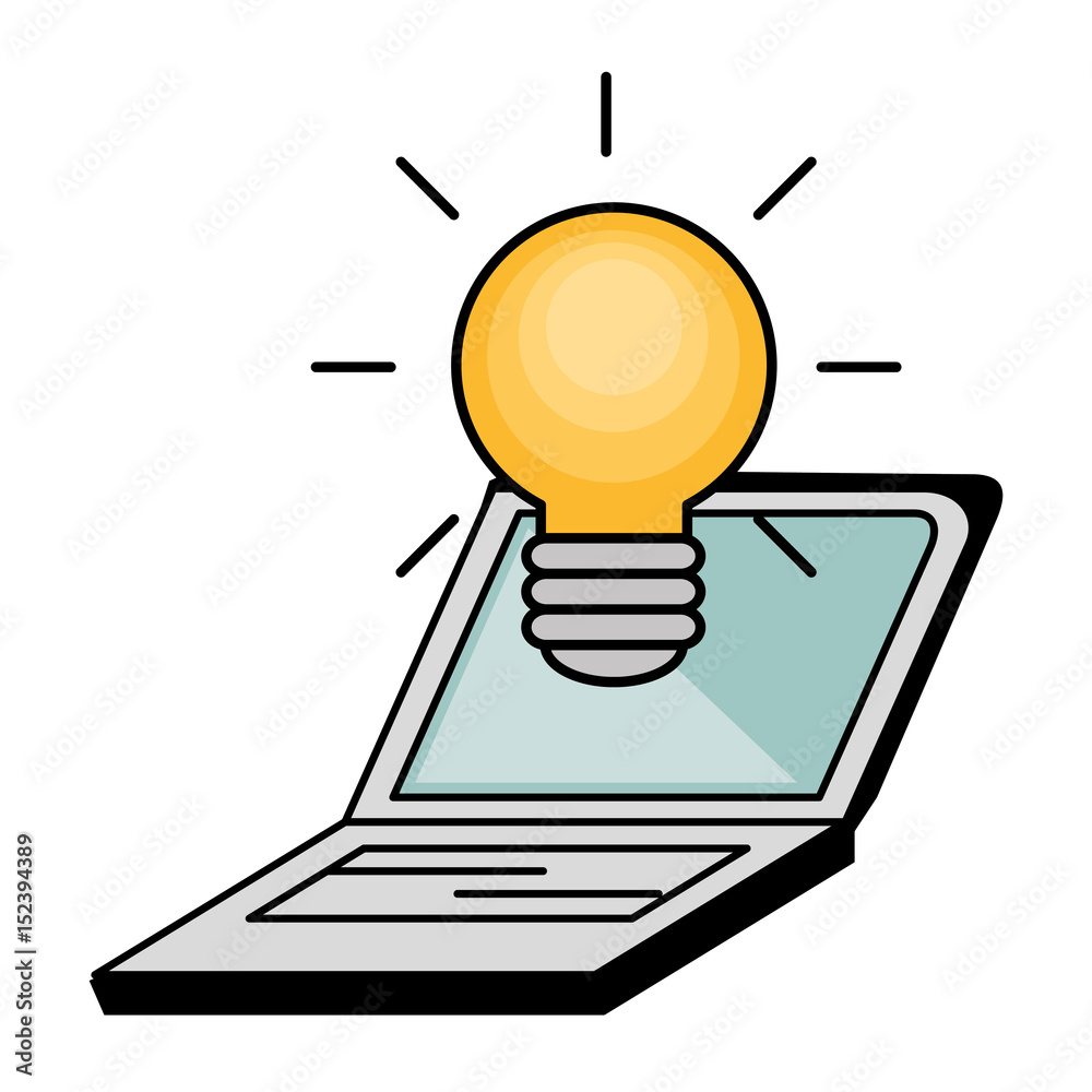 Laptop and yellow light bulb over white background. Vector illustration ...