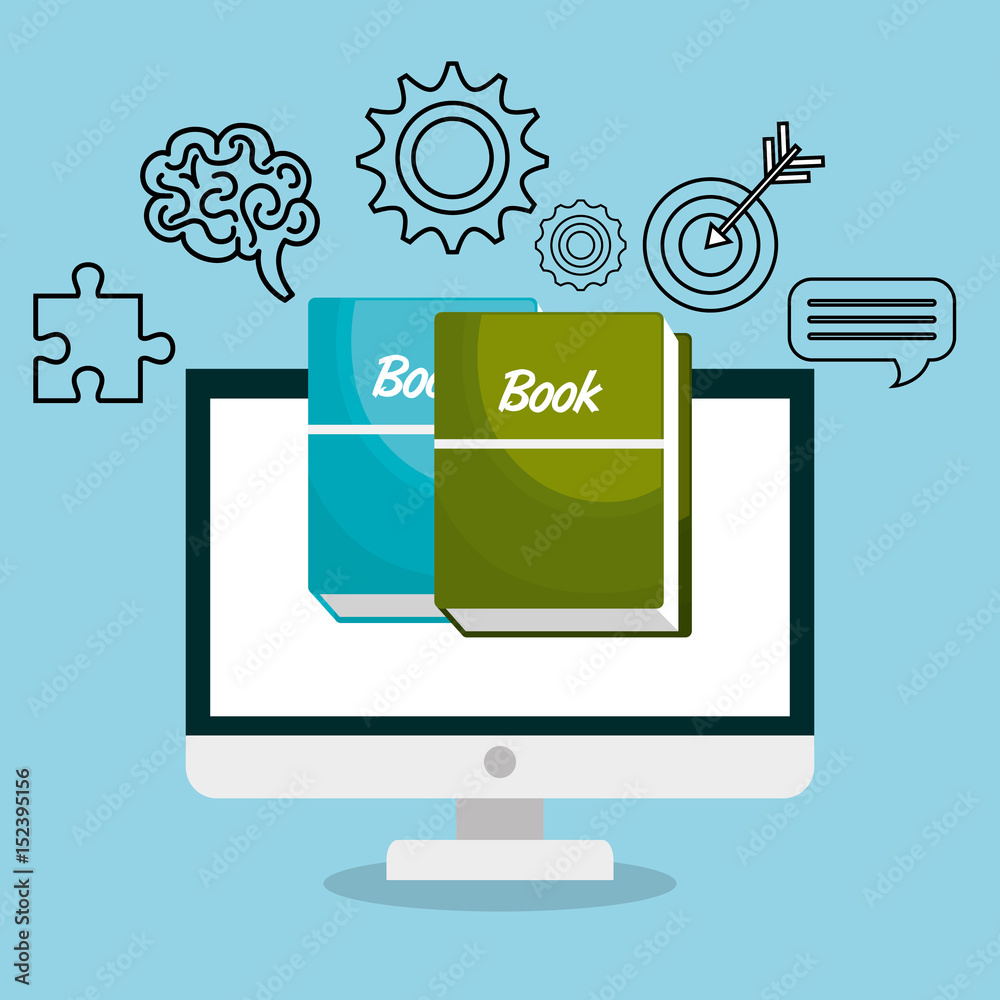 Books, screen and hand drawn items over blue background. Vector ...