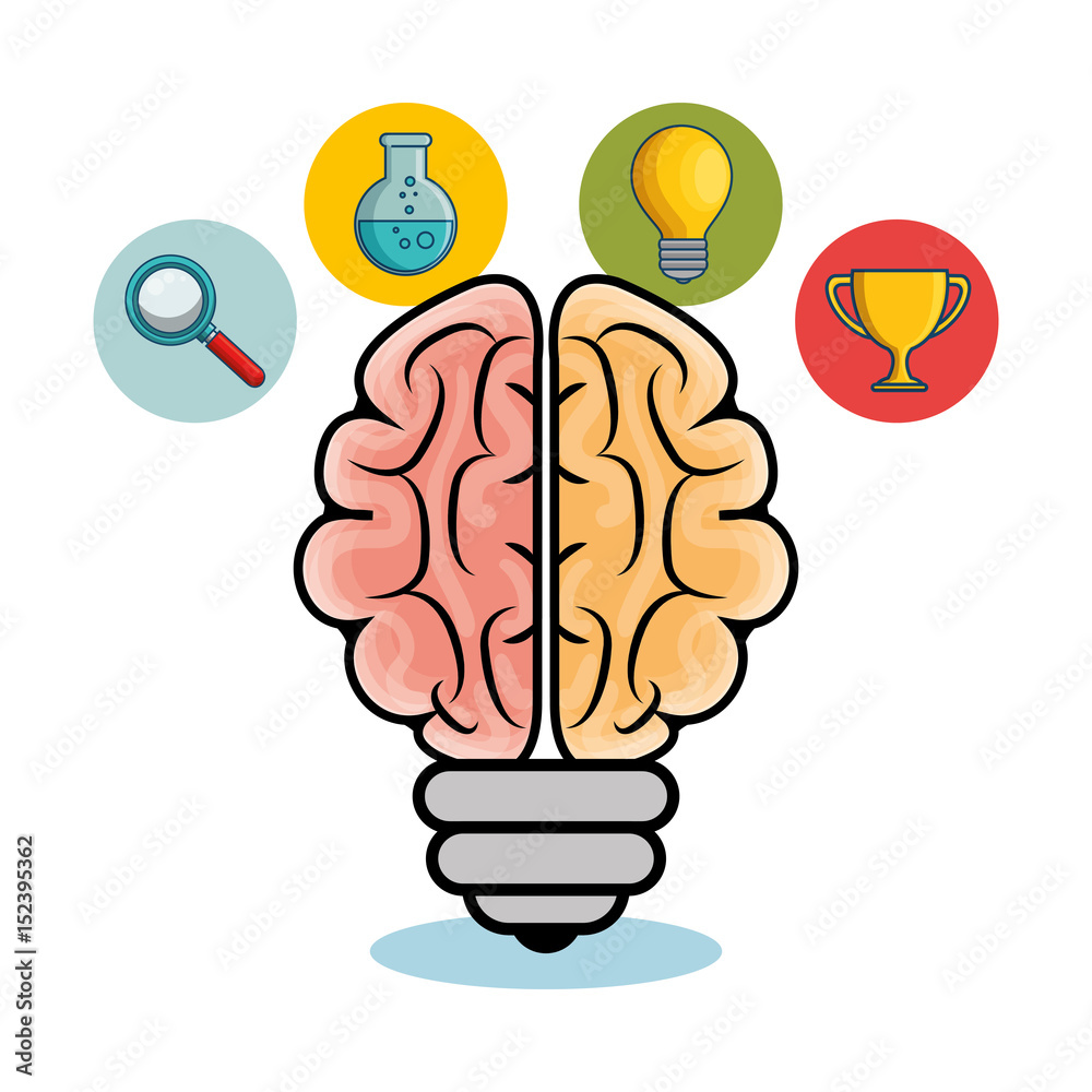 Brain shaped light bulb with science related icons over white ...