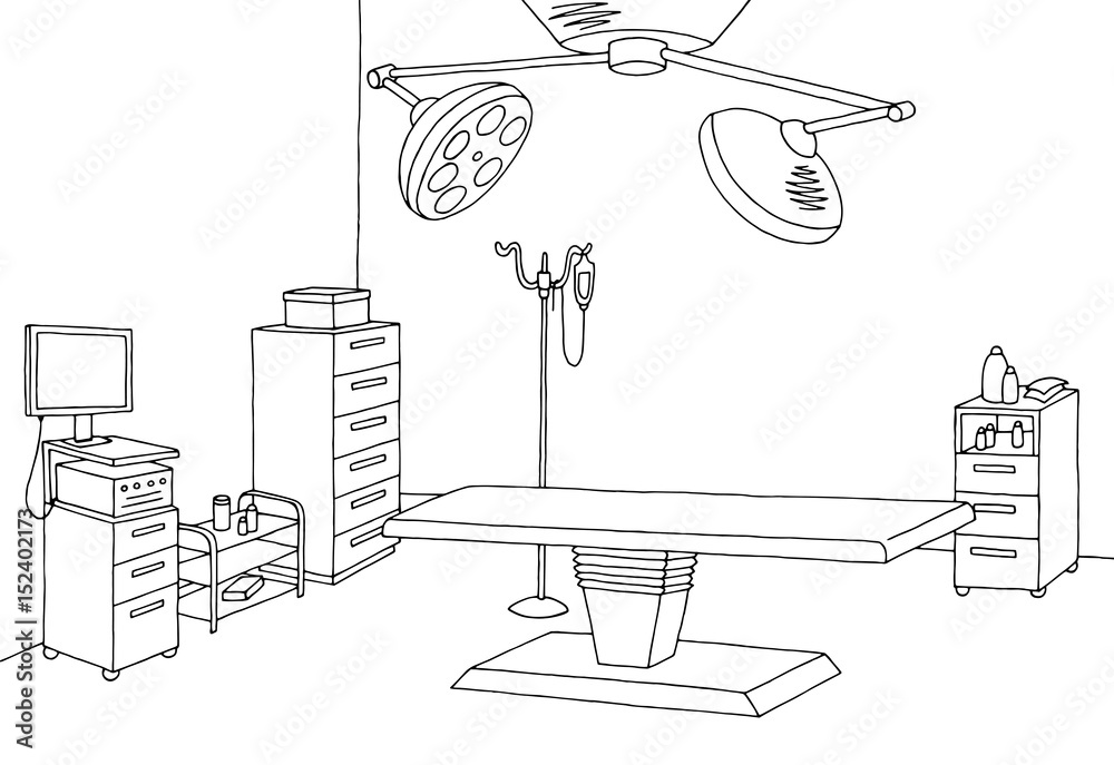 Operating room graphic black white interior sketch illustration vector ...