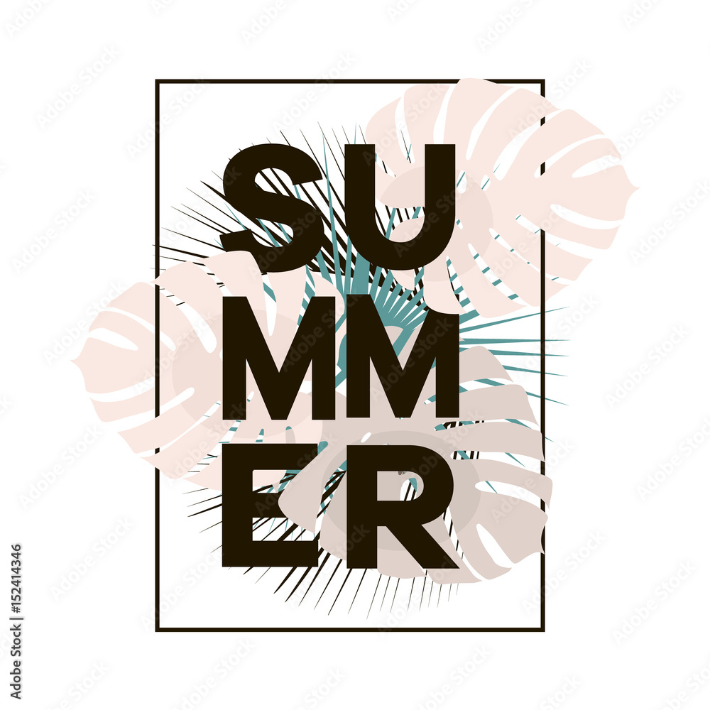 Summer text in black frame with tropical leaves on white background ...