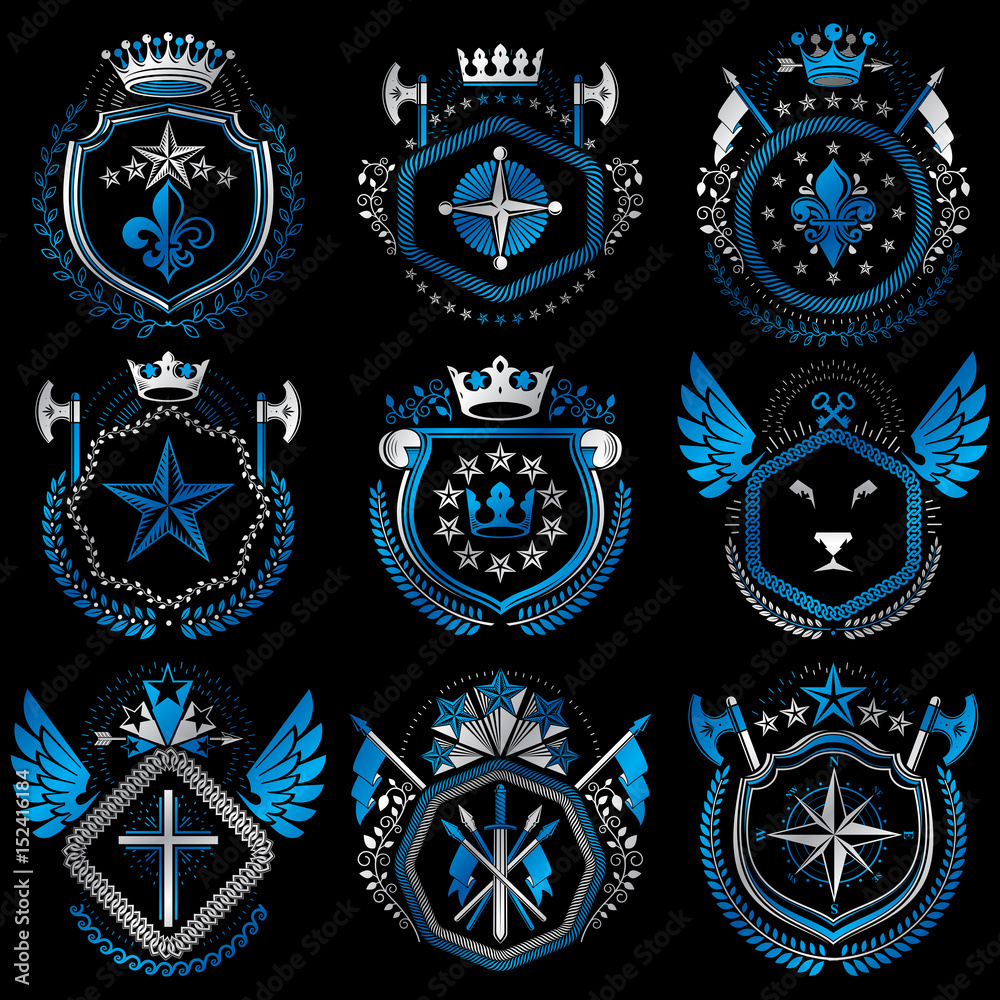 Vetor de Heraldic emblems with wings isolated on white backdrop ...