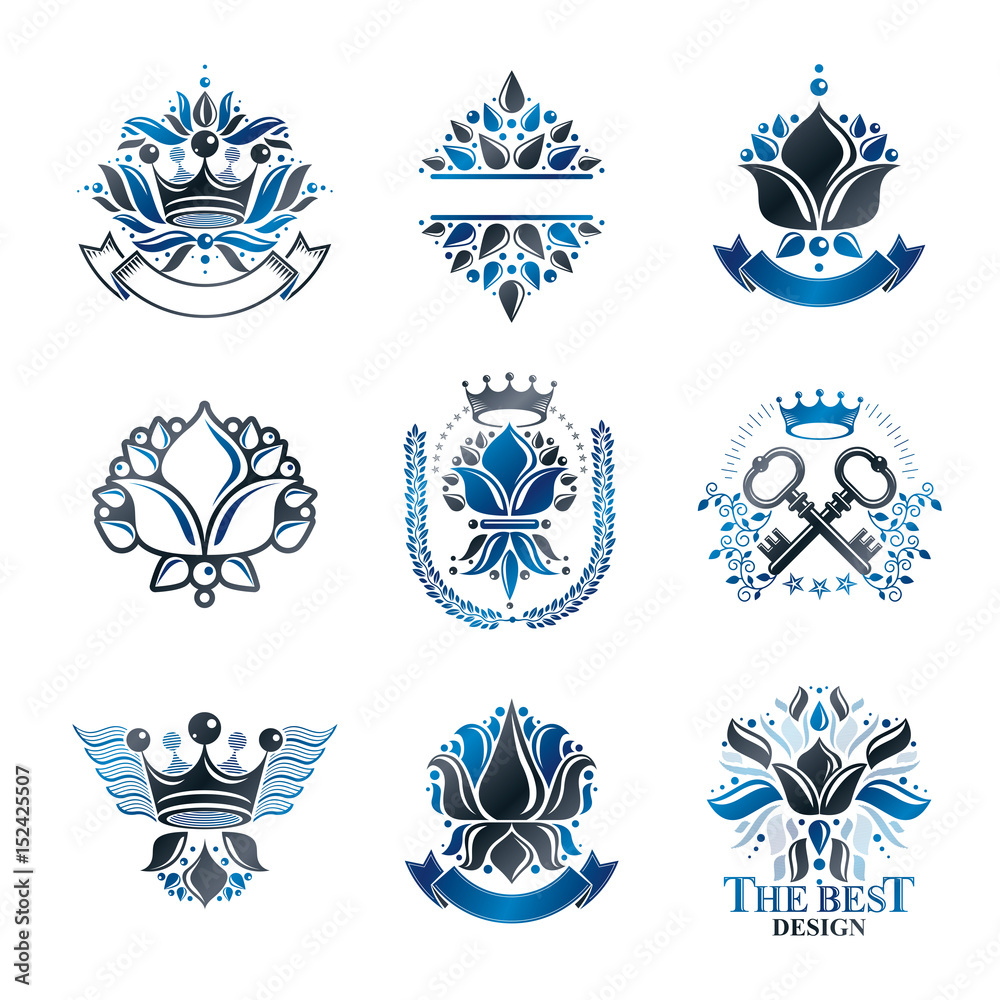 Flowers, Royal symbols, floral and crowns, emblems set. Heraldic Coat ...