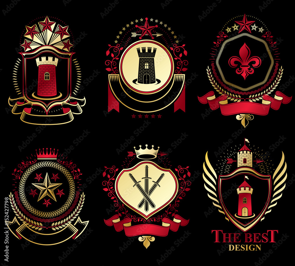 Set of old style heraldry vector emblems, vintage illustrations ...