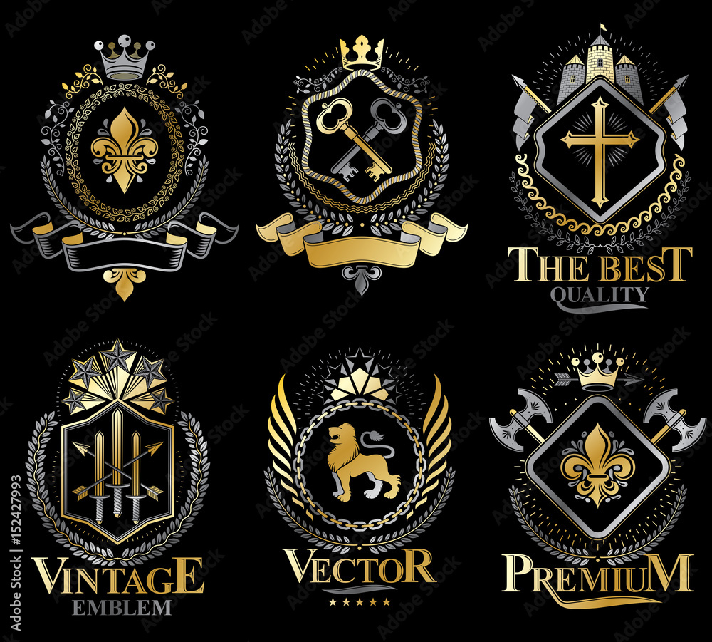 Set of vector vintage elements, heraldry labels stylized in retro ...