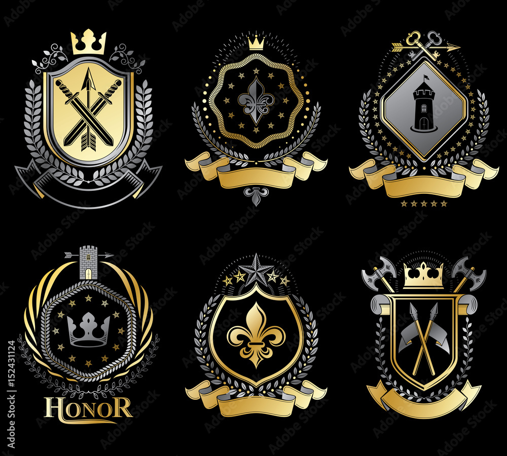 Set of vector vintage elements, heraldry labels stylized in retro ...