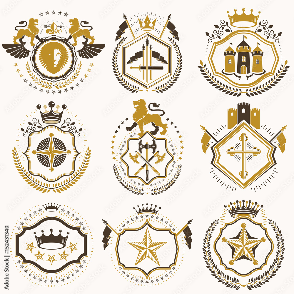 Set of vector vintage elements, heraldry labels stylized in retro ...