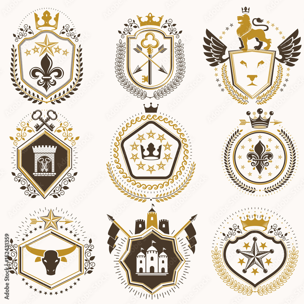 Set of vector vintage elements, heraldry labels stylized in retro ...