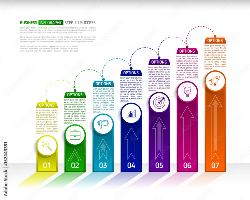 Stairs infographic design template with 7 multi colored successively ...