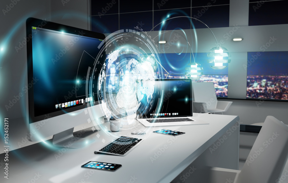 Workplace with modern devices and hologram screens 3D rendering Stock ...