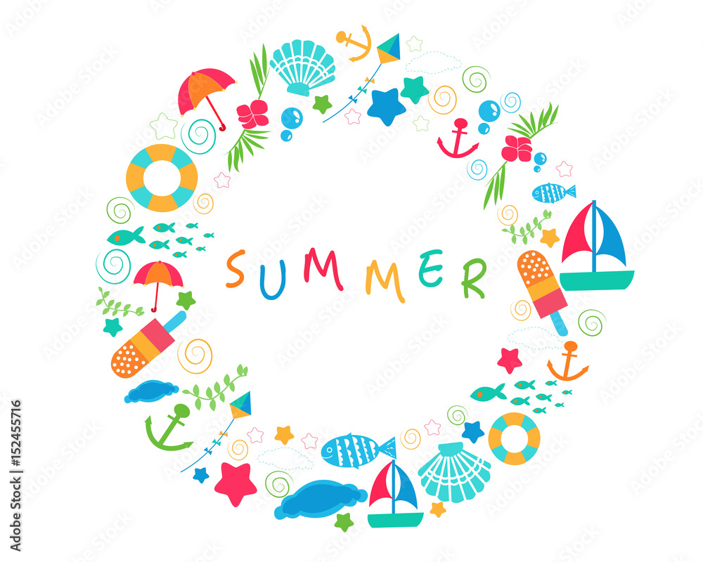 Summer time circle with colorful summer icon vector background Stock ...