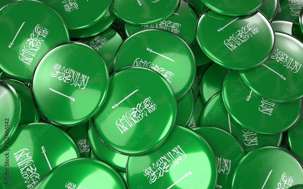 Saudi Arabia Badges Background - Pile of Arabian Flag Buttons. Stock ...