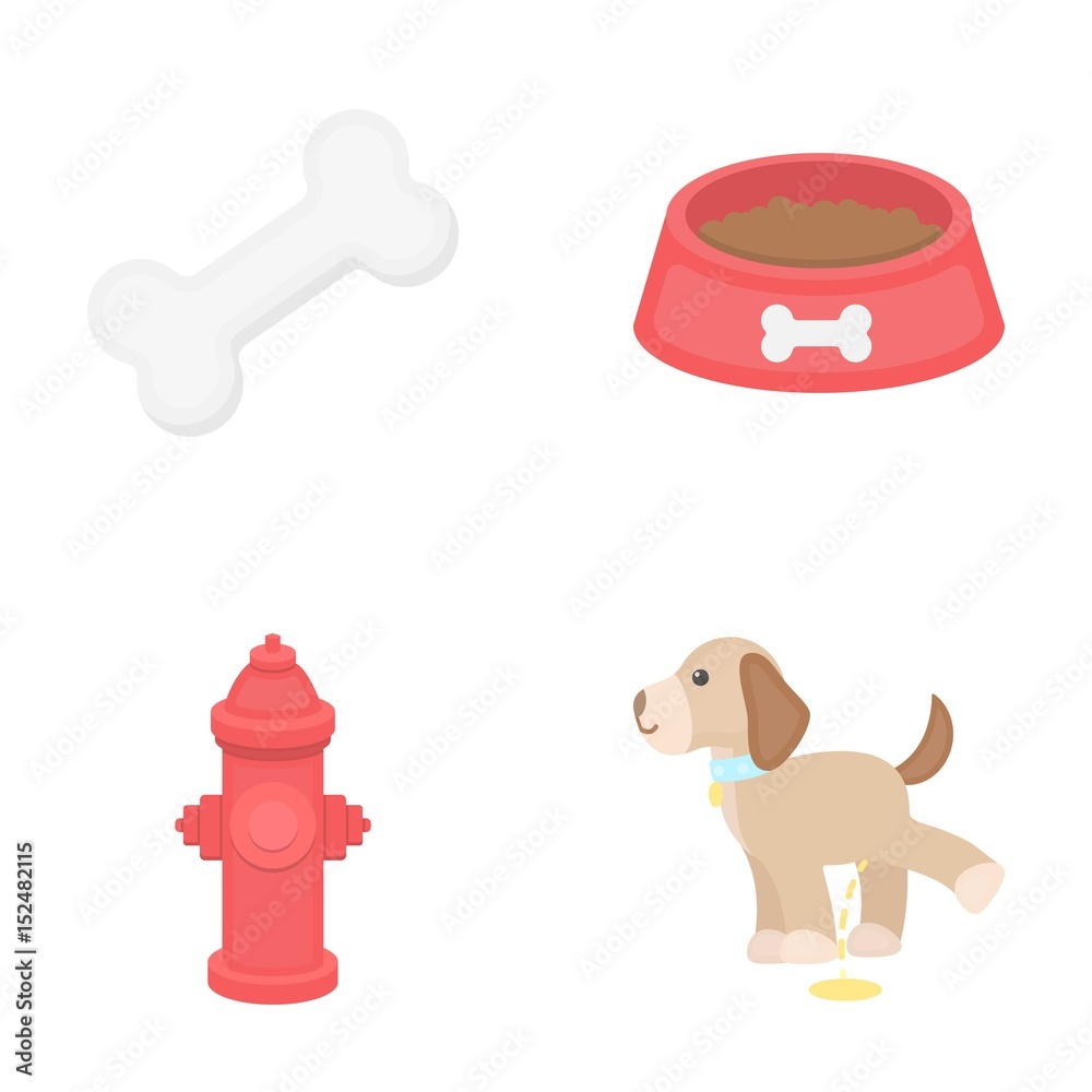A bone, a fire hydrant, a bowl of food, a pissing dog.Dog set ...