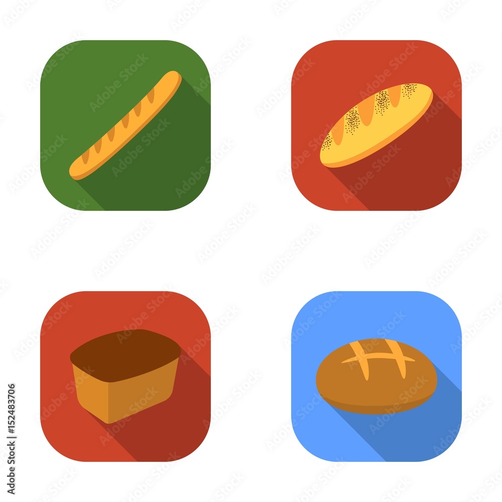 Rye bread, French loaf, round, cut loaf.Bread set collection icons in ...