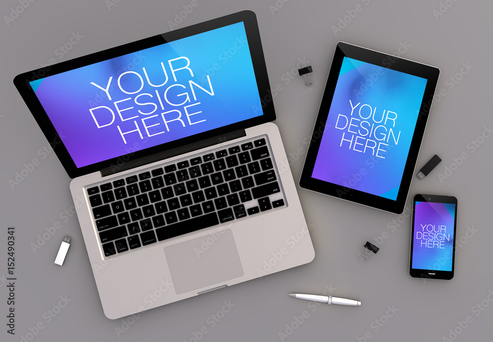 Top View Mockup of Devices and Computer on Gray Background Stock ...