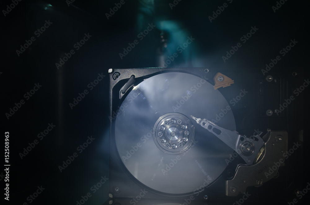 Adjustable wrench turn off a hard disk. On a dark background. Computer ...