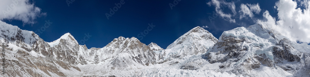 Mount Everest panorama. Panoramic view over the mount Everest summit ...