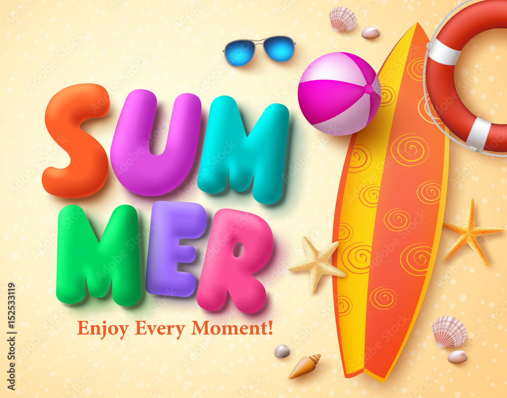 Summer vector design concept with colorful 3D text and summer elements ...