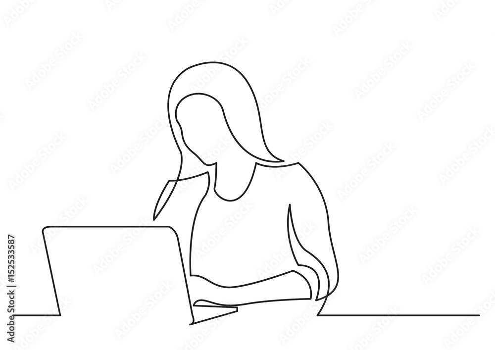 woman working on laptop computer - continuous line drawing Stock Vector ...