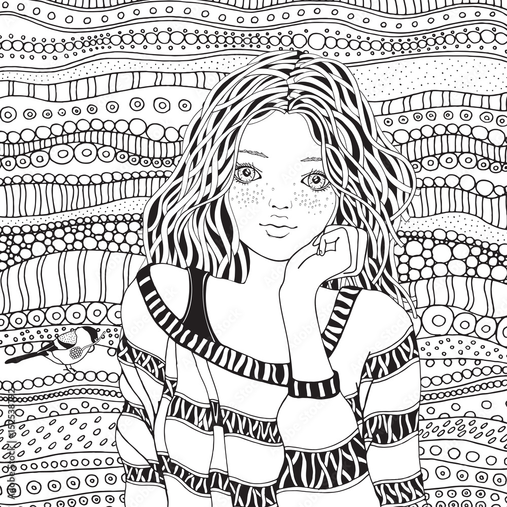Cute girl in a striped sweater. Coloring book page for adult. Stock ...