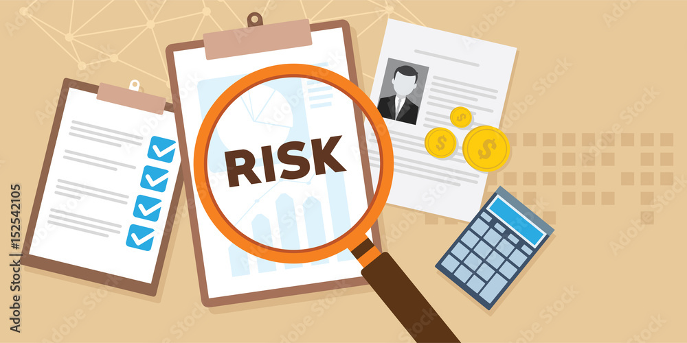 risk analysis with magnifying glass and documents illustration Stock ...