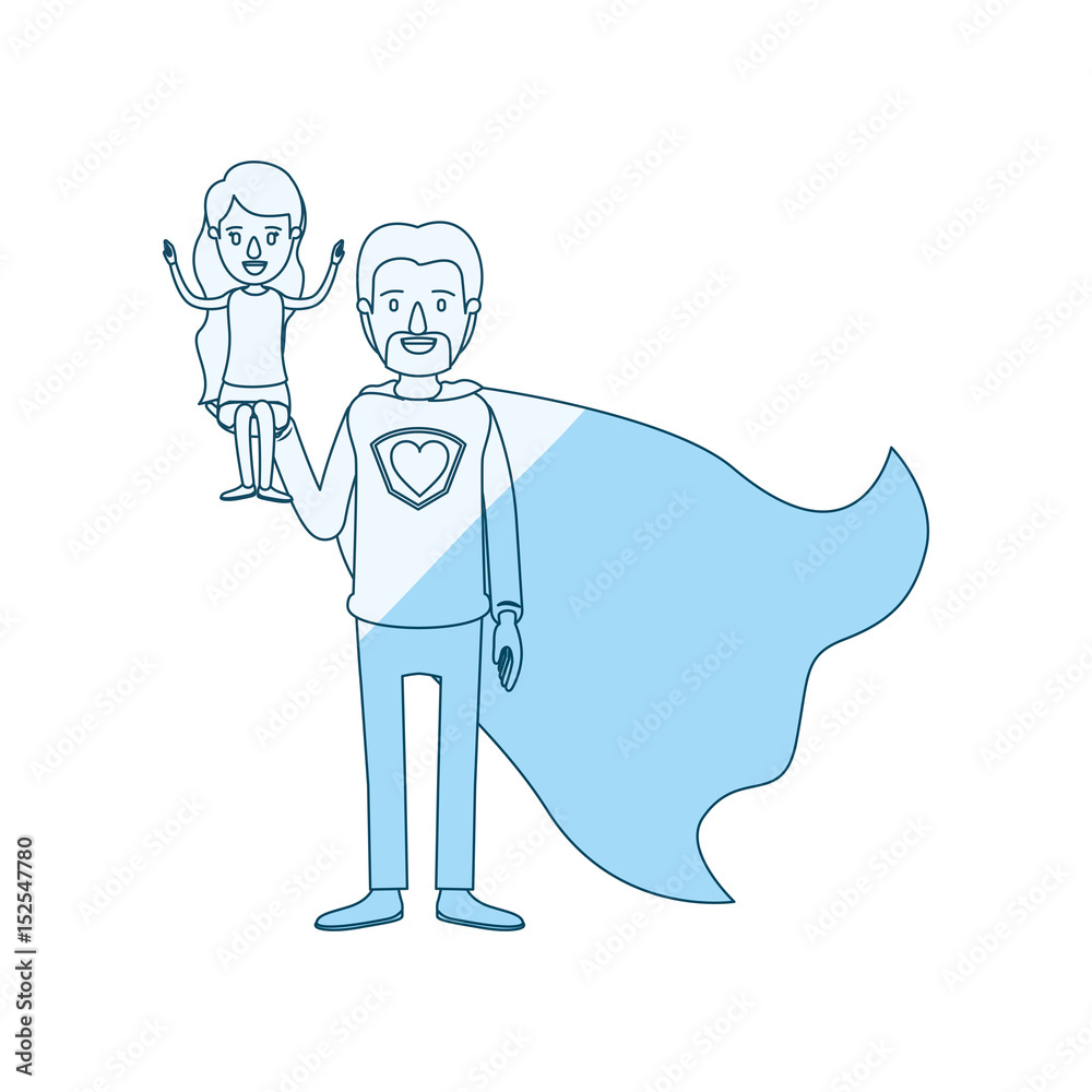 blue silhouette shading cartoon full body super dad hero with girl on ...