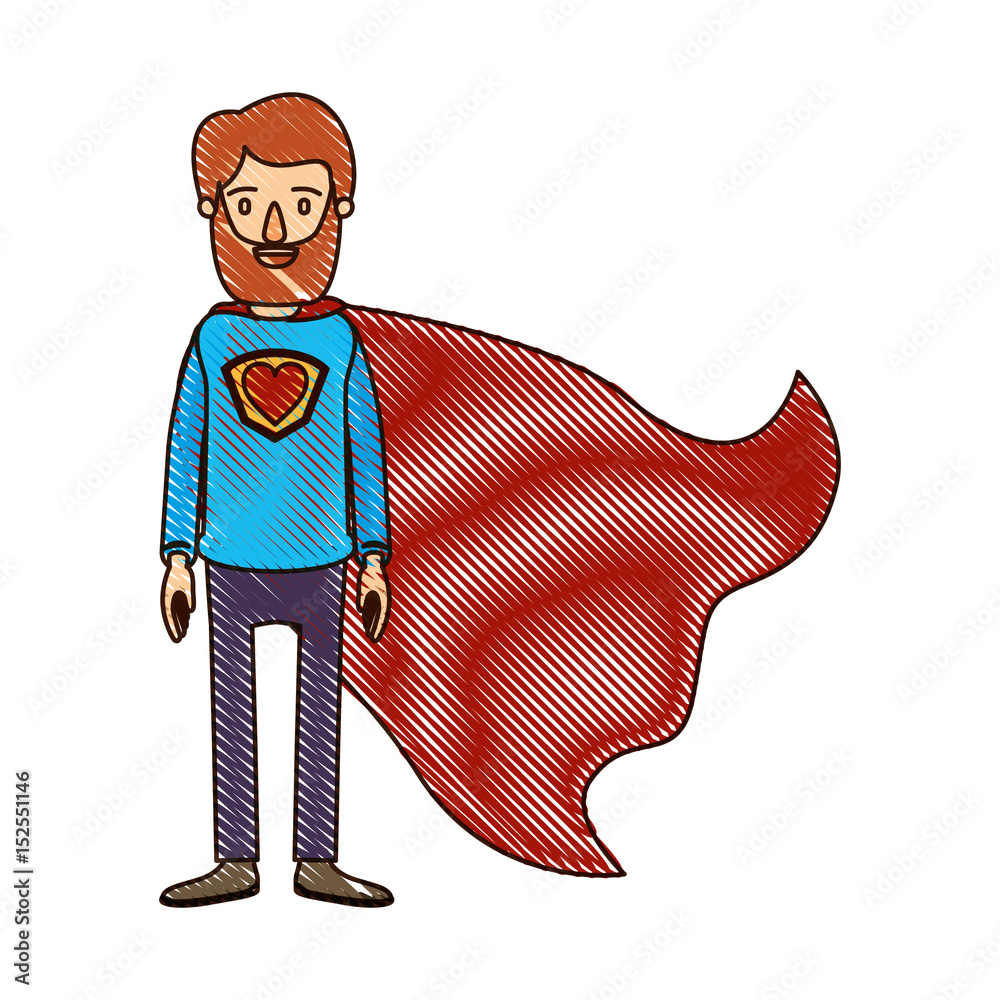 color crayon stripe cartoon full body bearded super man hero with heart ...