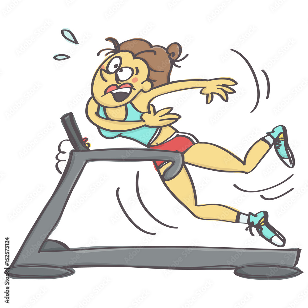 Funny vector cartoon of woman falling while jogging on running machine ...