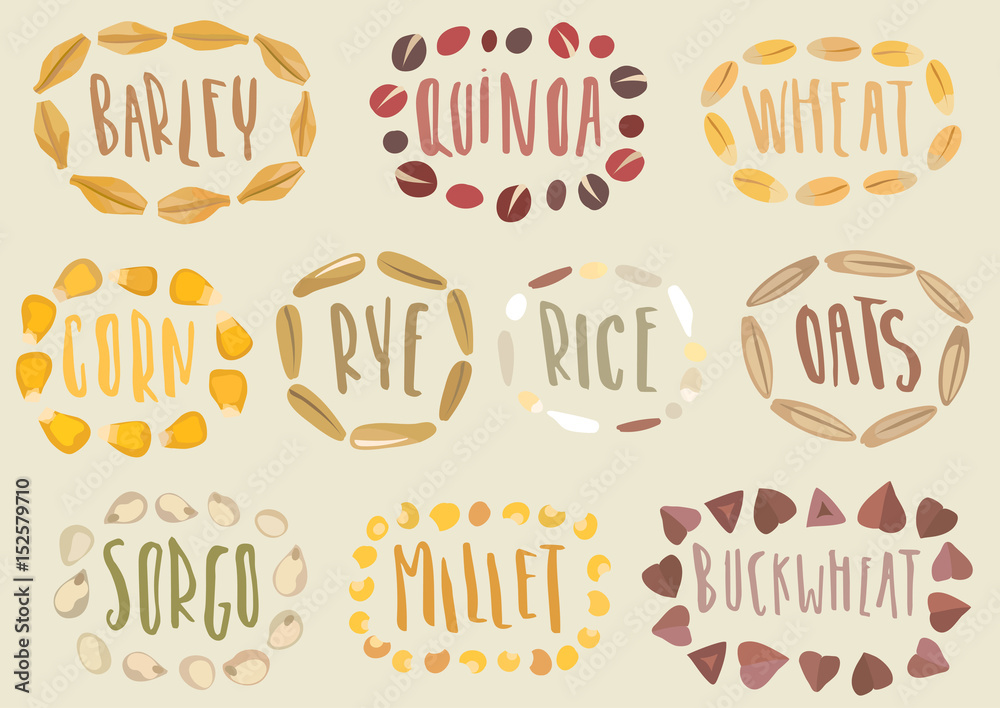 Vector set of cereal emblems. Handwritten lettering inside hand-drawn ...