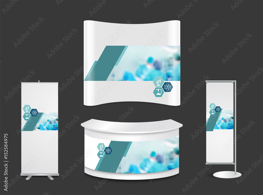 Trade show booth mock up exhibition stand with team surgeon at work in ...