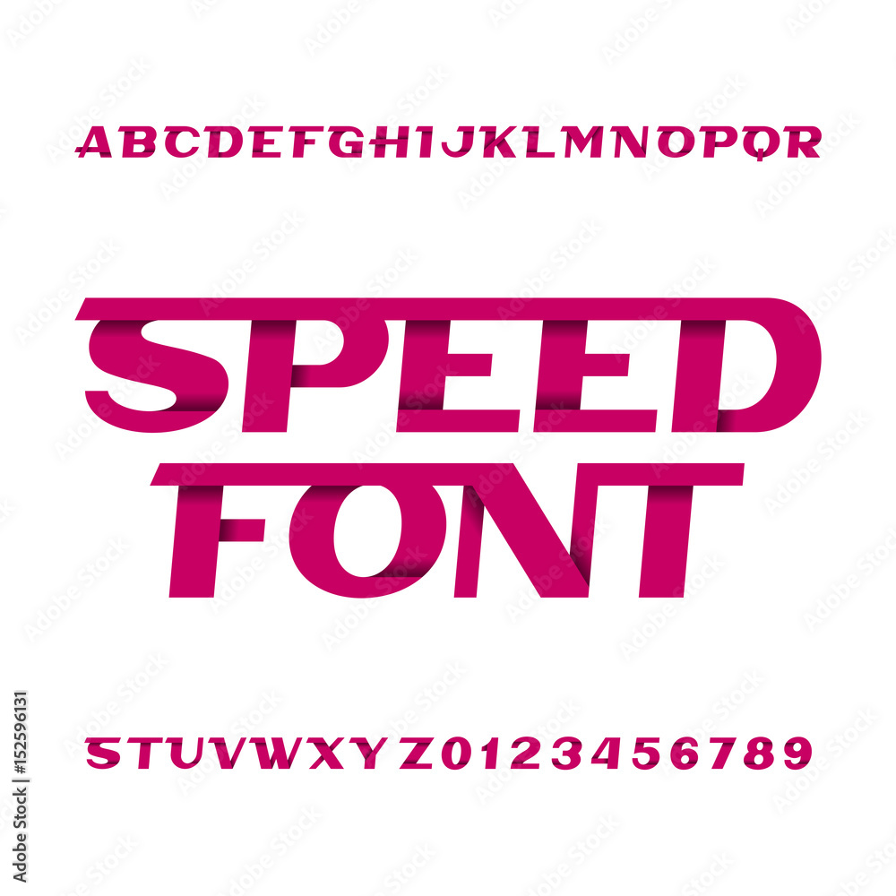 Speed alphabet font. Oblique type letters and numbers on a white ...