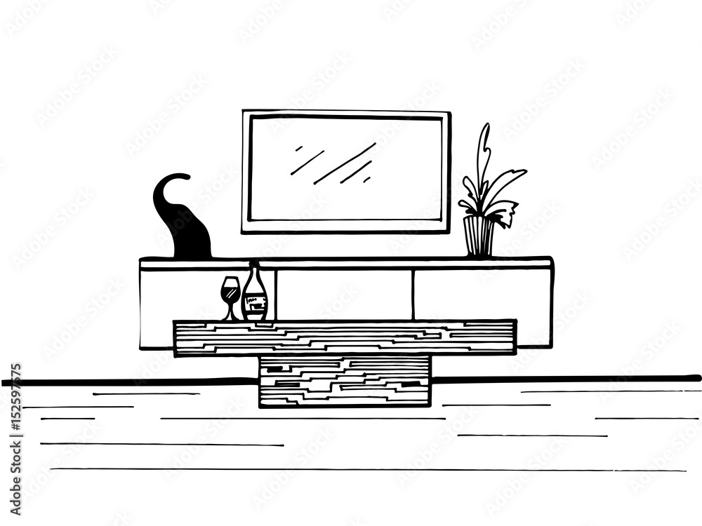 Hand drawn sketch. Linear sketch of the interior. TV, TV table, table ...