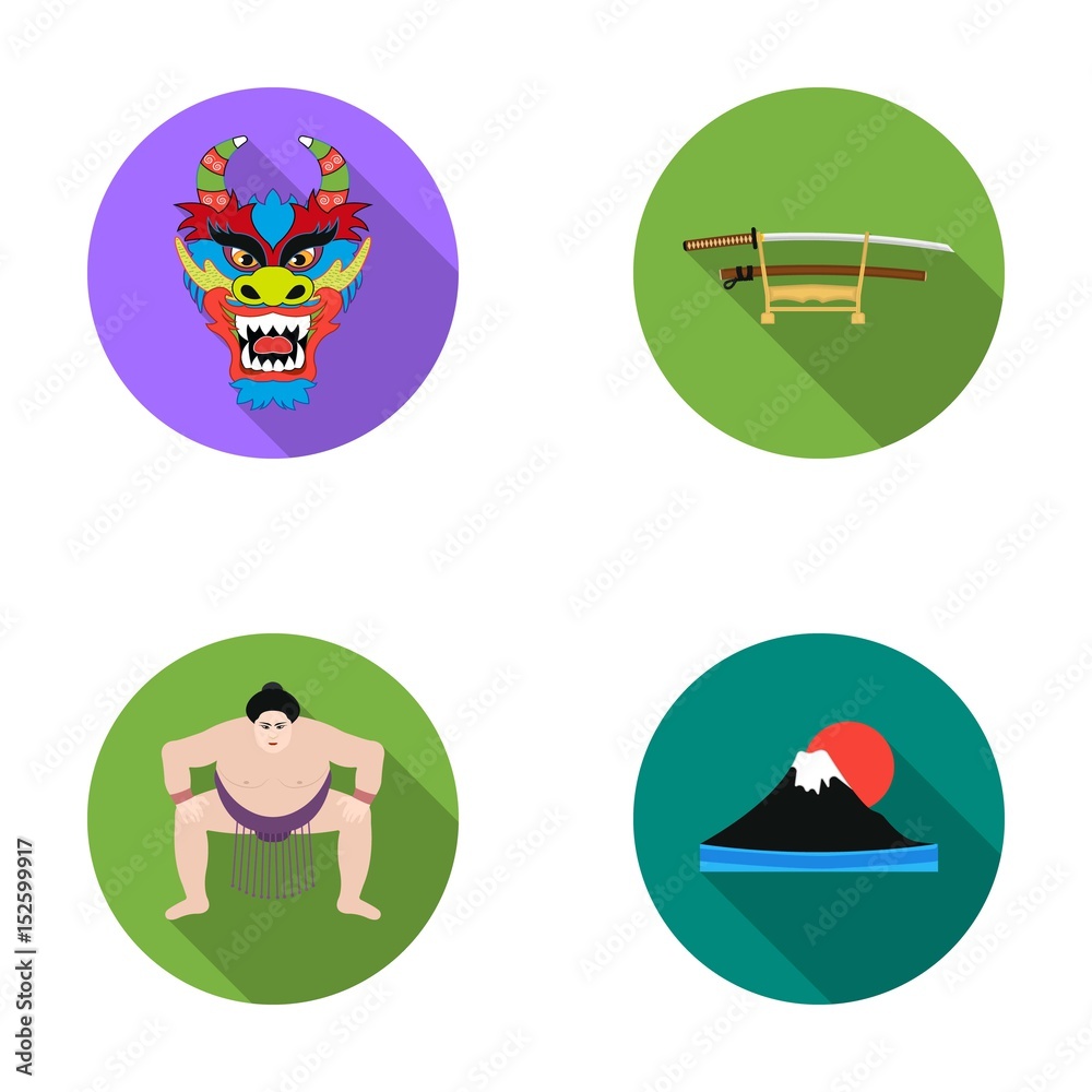 Dragon mask, katano, a man is a sumo player, a fujiama mountain.Japan ...