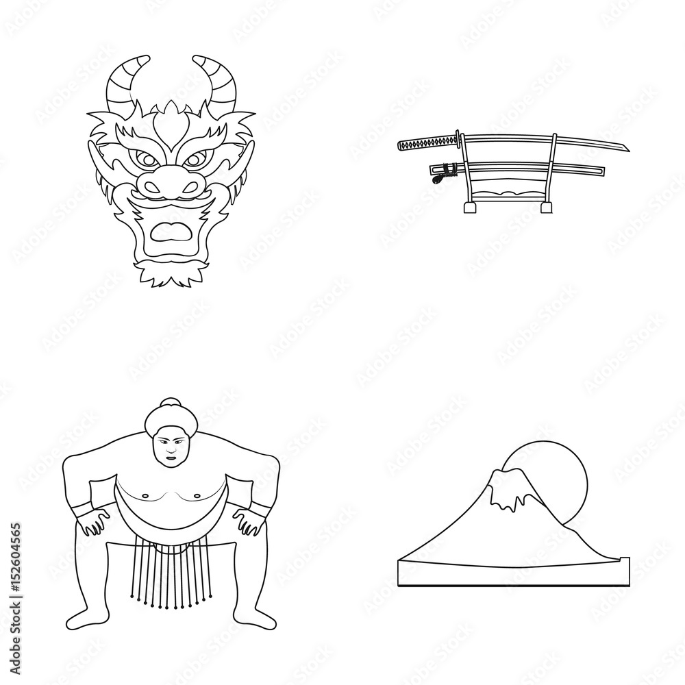 Dragon mask, katano, a man is a sumo player, a fujiama mountain.Japan ...