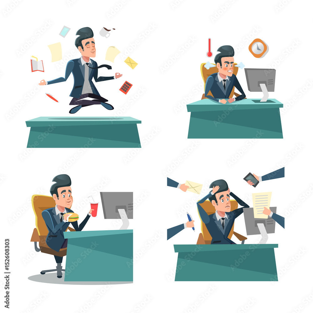 Multitasking Businessman at Work. Office Life. Vector cartoon ...