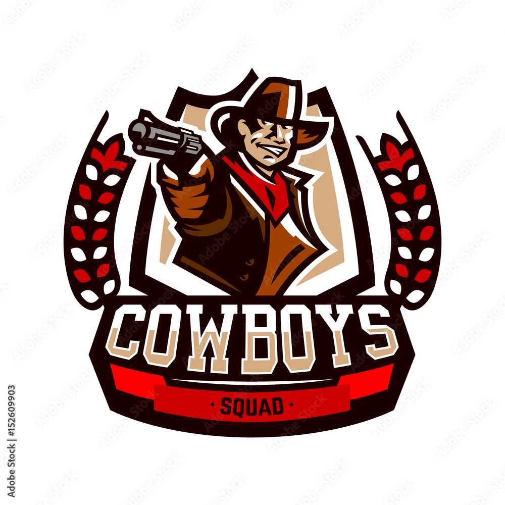 Colorful emblem, logo, cowboy holding a revolver. Wild West, a bandit ...