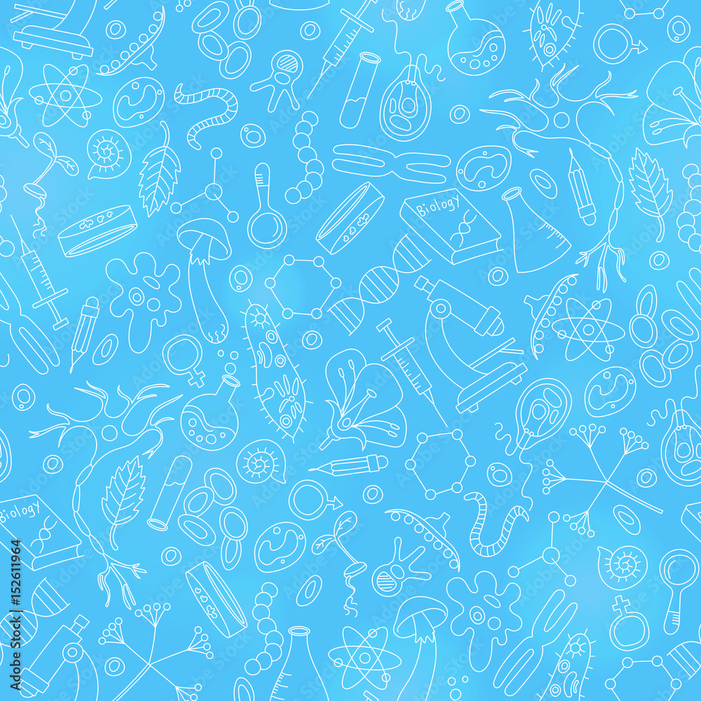 Seamless background on a theme of biology and education, light contour ...