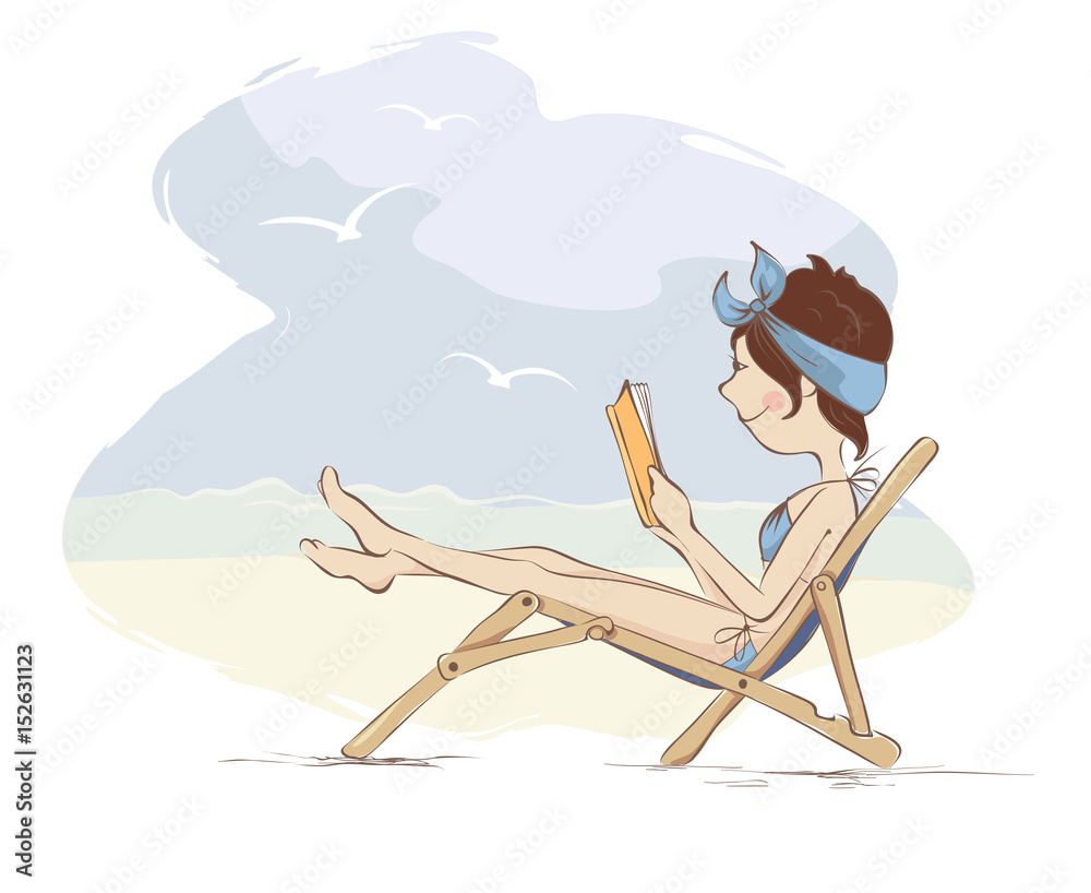 Girl reading a book on the beach / Young woman is lying on a deck-chair ...