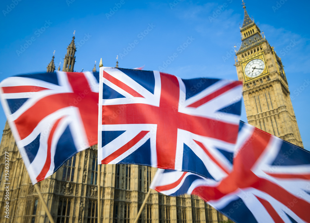 Great British Union Jack flag sflying in motion blur in front of Big ...