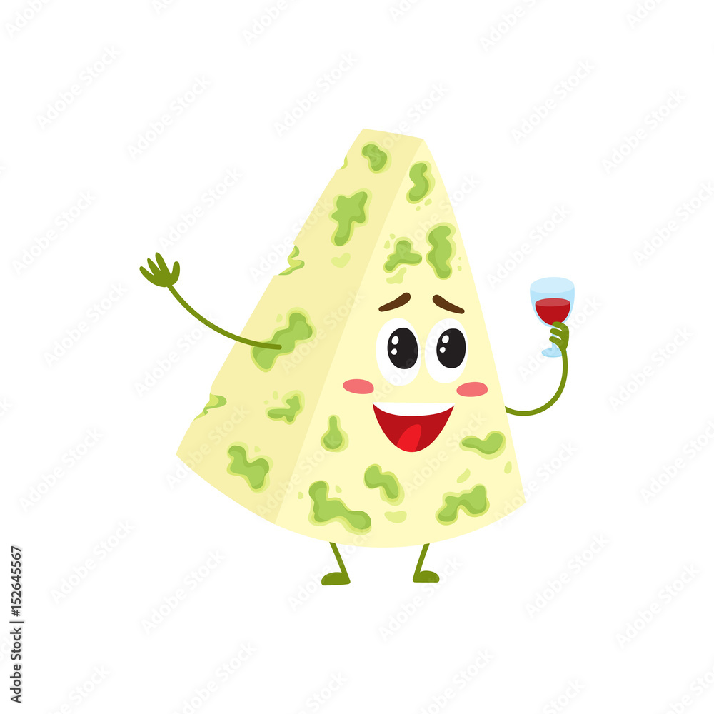 Funny blue cheese character with smiling human face holding wine glass ...