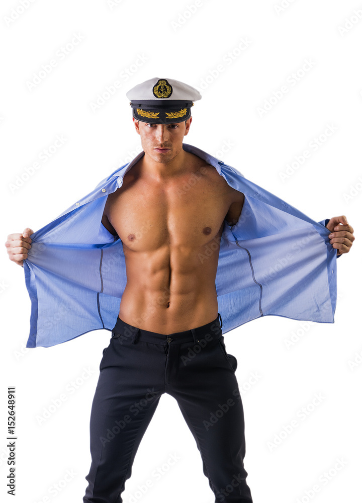 Muscular male sailor with open shirt on muscle torso, wearing marine ...