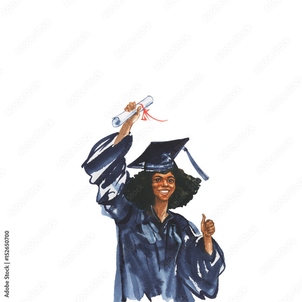 Painting smiling graduate student. Hand drawn african young woman in a ...