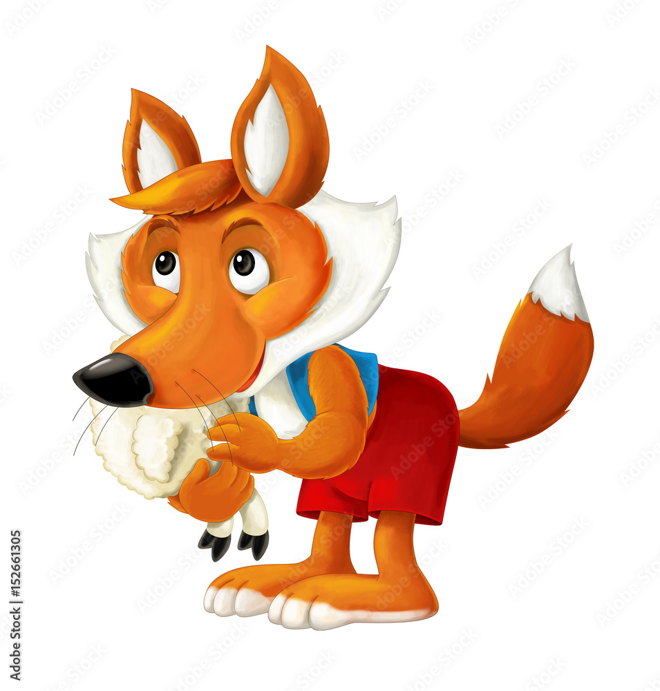 cartoon happy fox holding sheep - illustration for children Stock ...