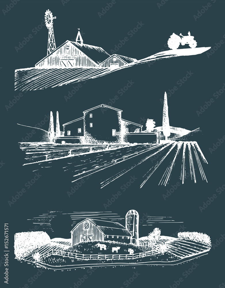 Vector farm landscapes illustrations set. Hand drawn countryside ...